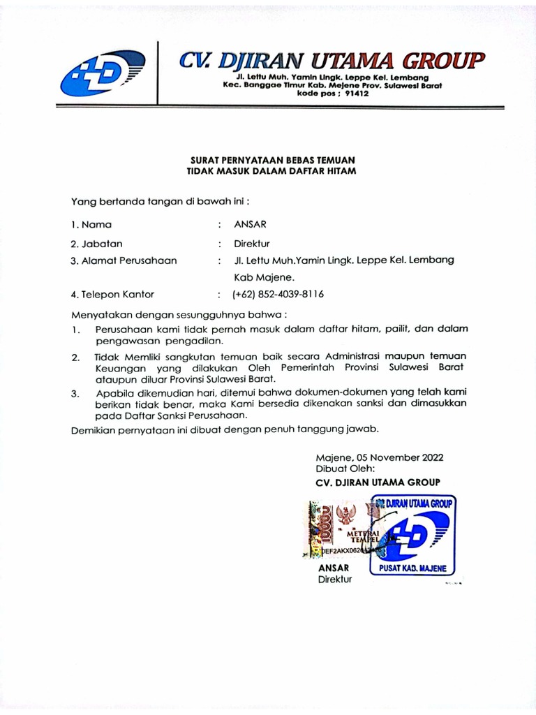 Surat Pernyataan Bebas Temuan | PDF