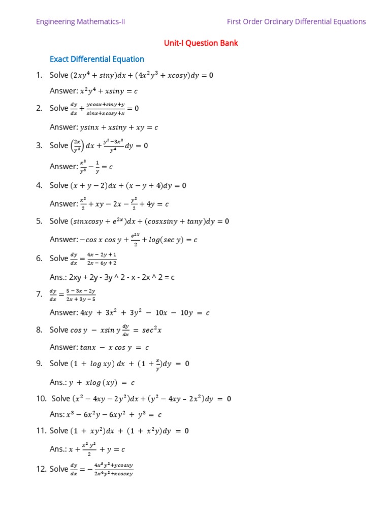 Question Bank Unit 1 - Differential Equations | PDF | Differential Equations | Equations