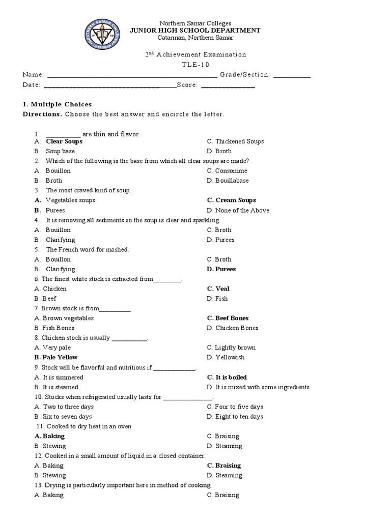 TLE EXAM Grade 10 Final | PDF | Soup | Stock (Food)