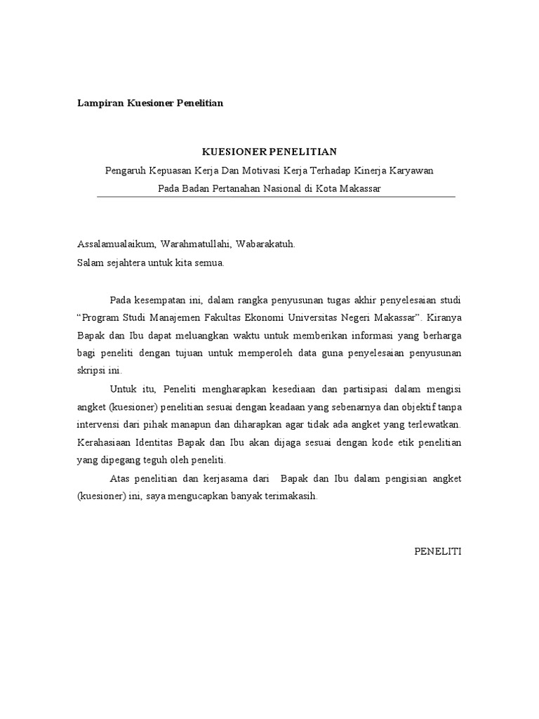 Lampiran Kuesioner Penelitian Pdf