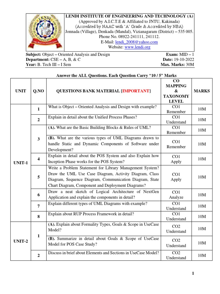 OOAD Mid-1 QB Material 20-24 | PDF