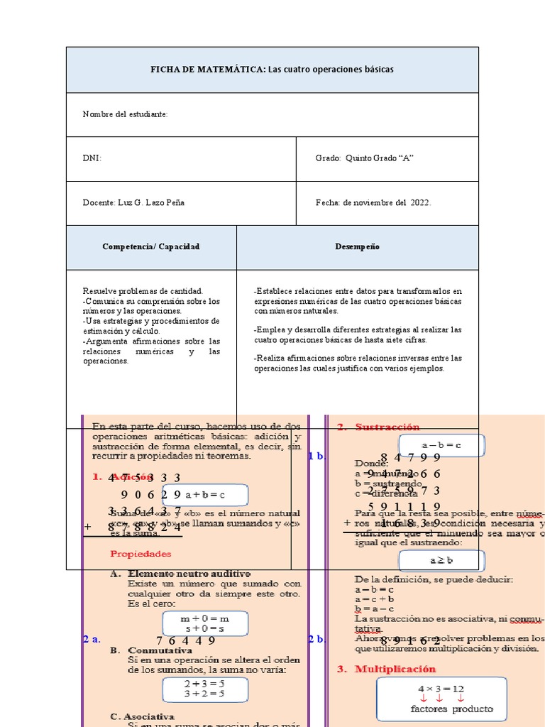 Ficha de Matematica Las Cuatro Operaciones Basicas | PDF | Aritmética | Matemáticas