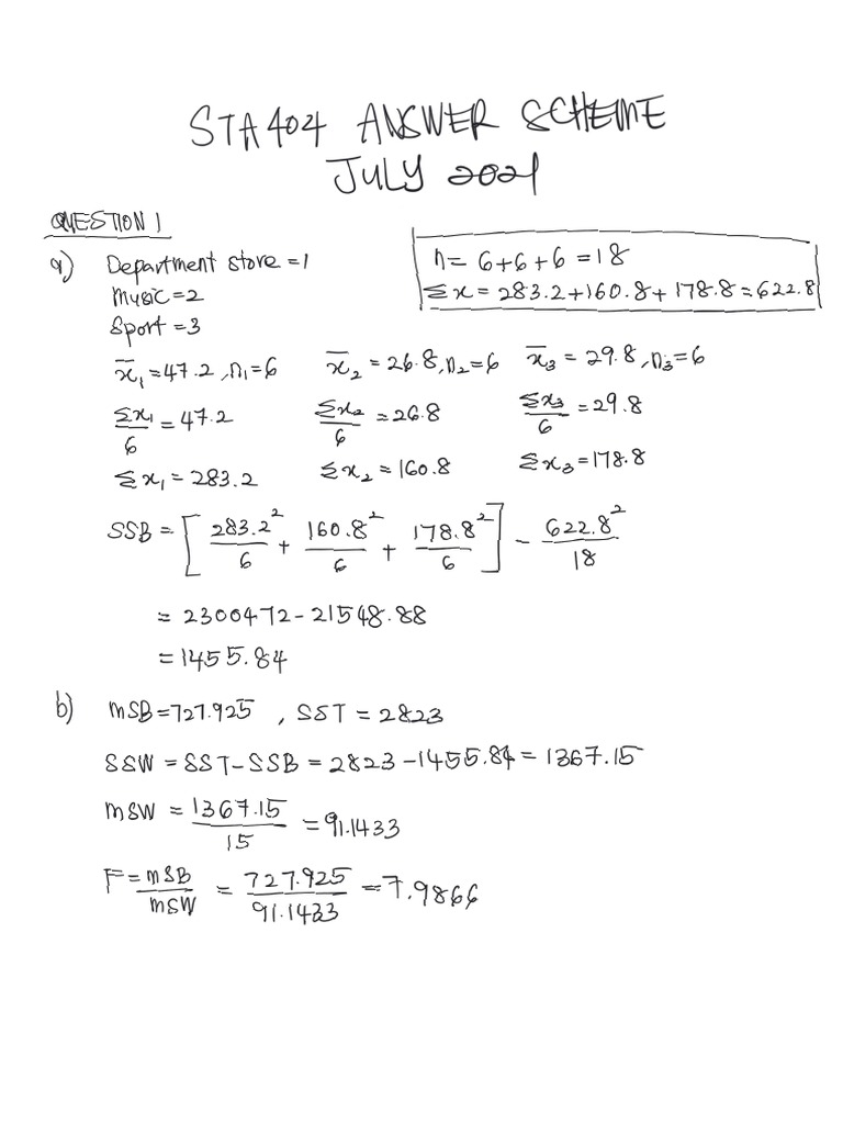 Sta404 July 2021 (Answer Scheme) | PDF
