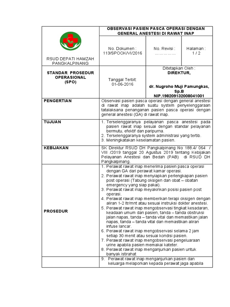 Sop Observasi Pasien Pasca Operasi Dengan | PDF