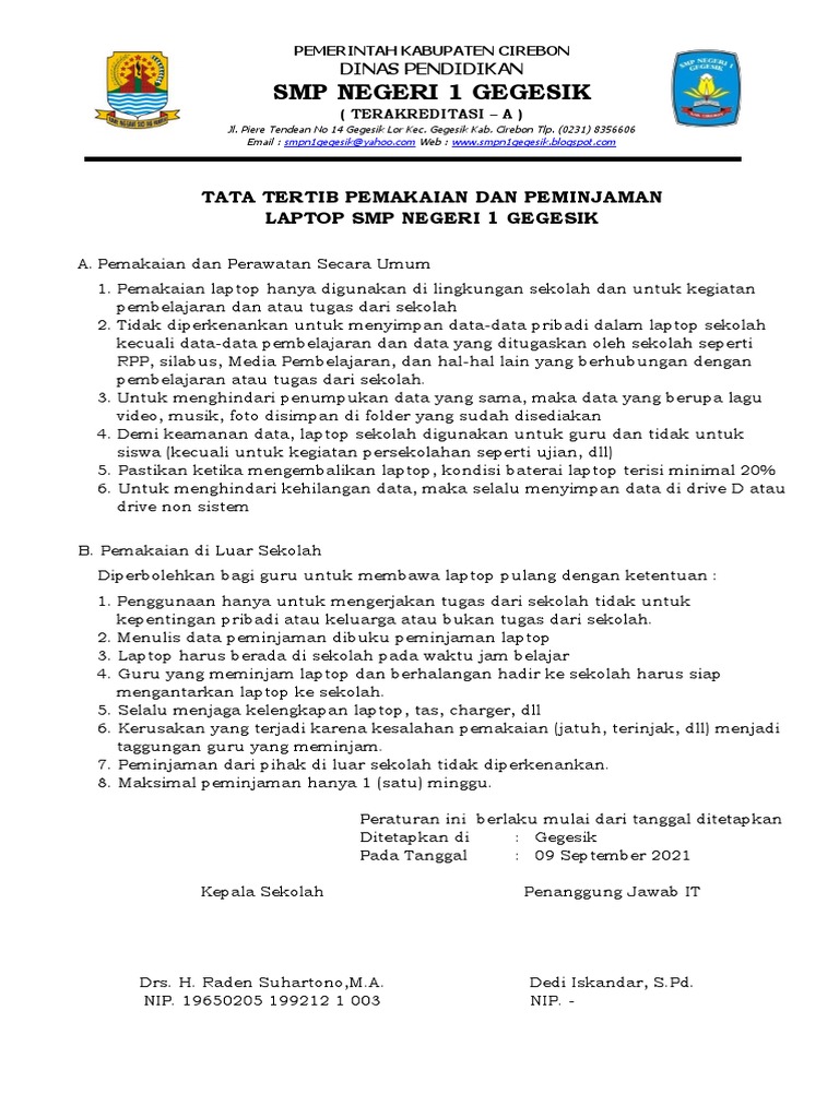 Tata Tertib Peminjaman Laptop SMPN 1 Gegesik | PDF
