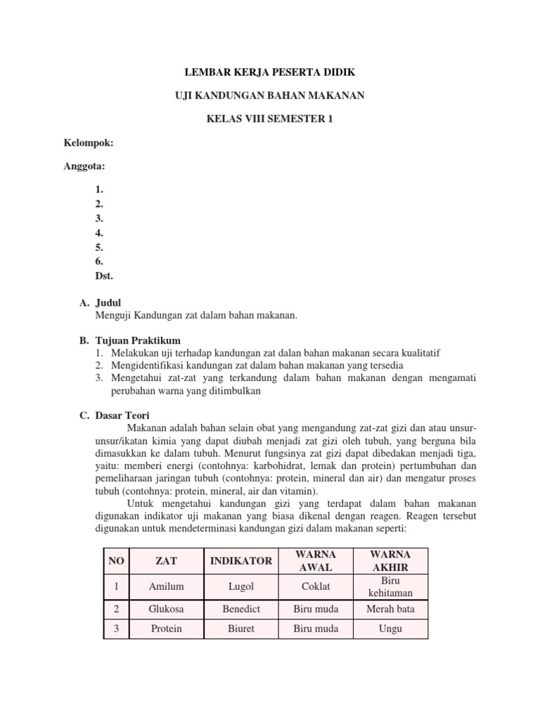 LKPD Uji Kandungan Bahan Makanan | PDF