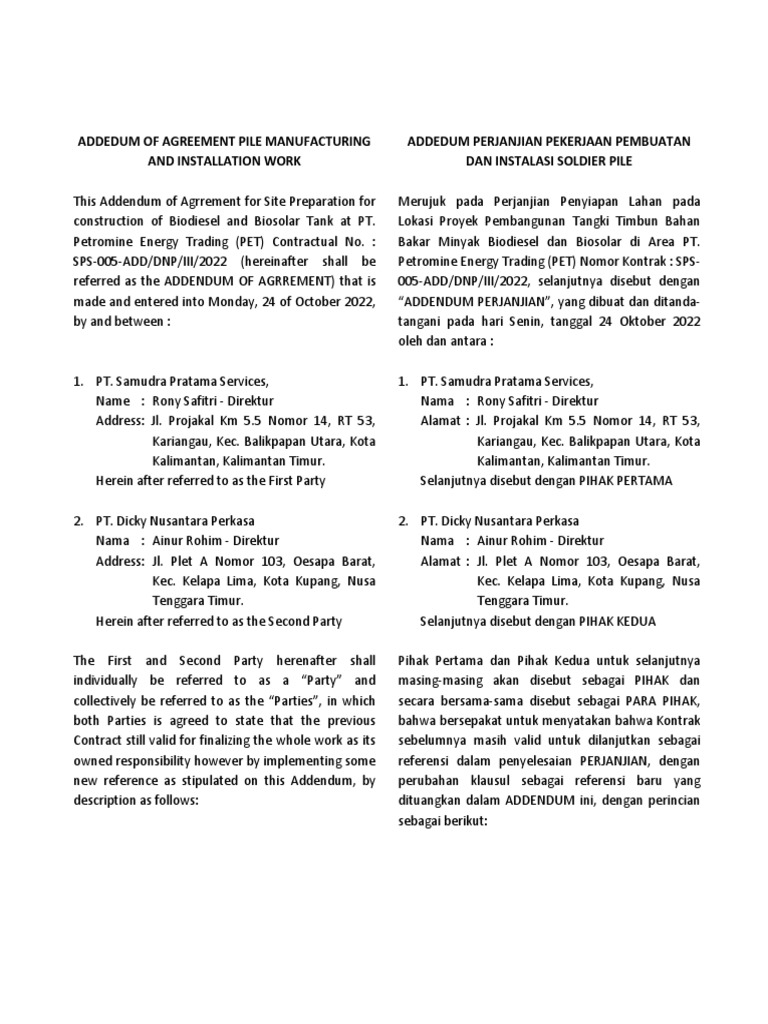 Addendum Kontrak Pekerjaan Bore Pile DNP-1 | PDF