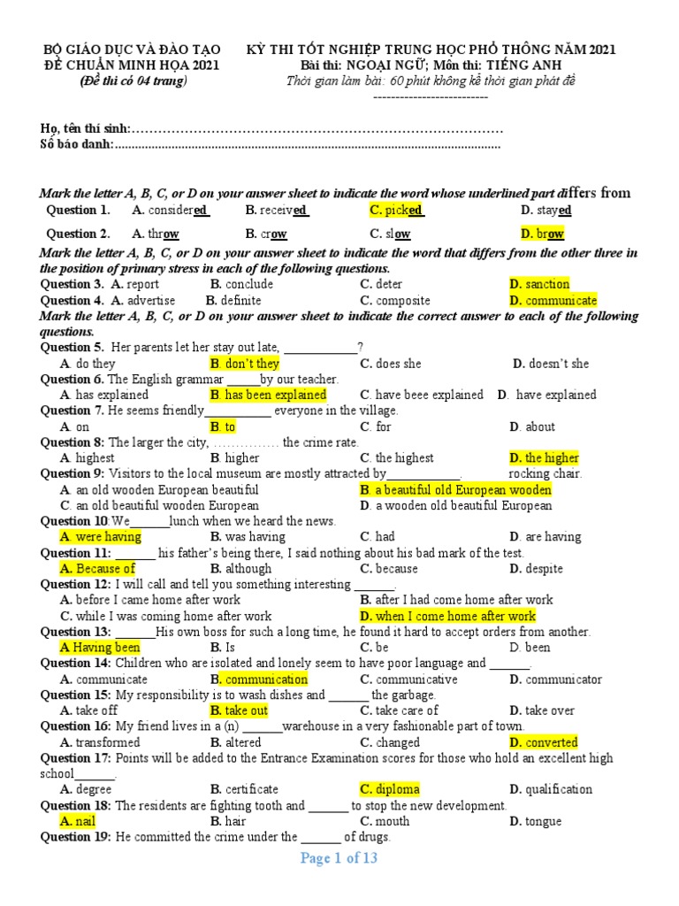 Đề 28. Đề thi thử TN THPT môn Tiếng Anh theo cấu trúc đề minh họa 2021 - Cô Oanh 14 - Có lời ...