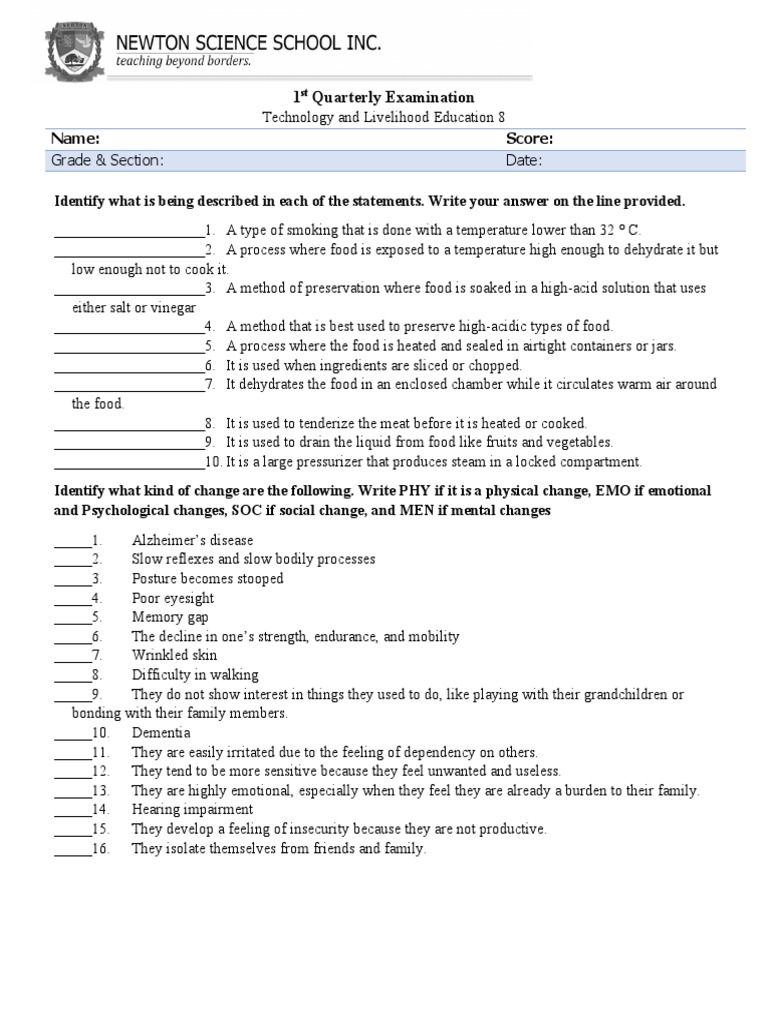 TLE 8 Quarterly Exam: Food Preservation & Sewing | PDF | Sewing Machine ...