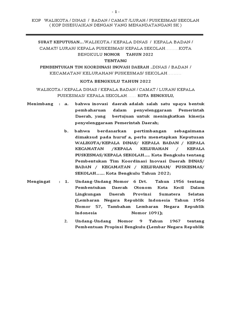 SK Pembentukan Tim Inovasi Daerah | PDF