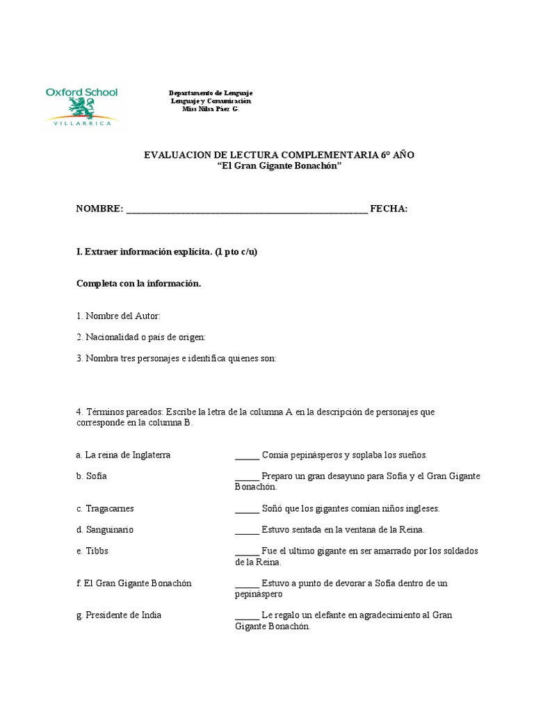 EVALUACION DE LECTURA El Gran Gigante Bonachon | PDF