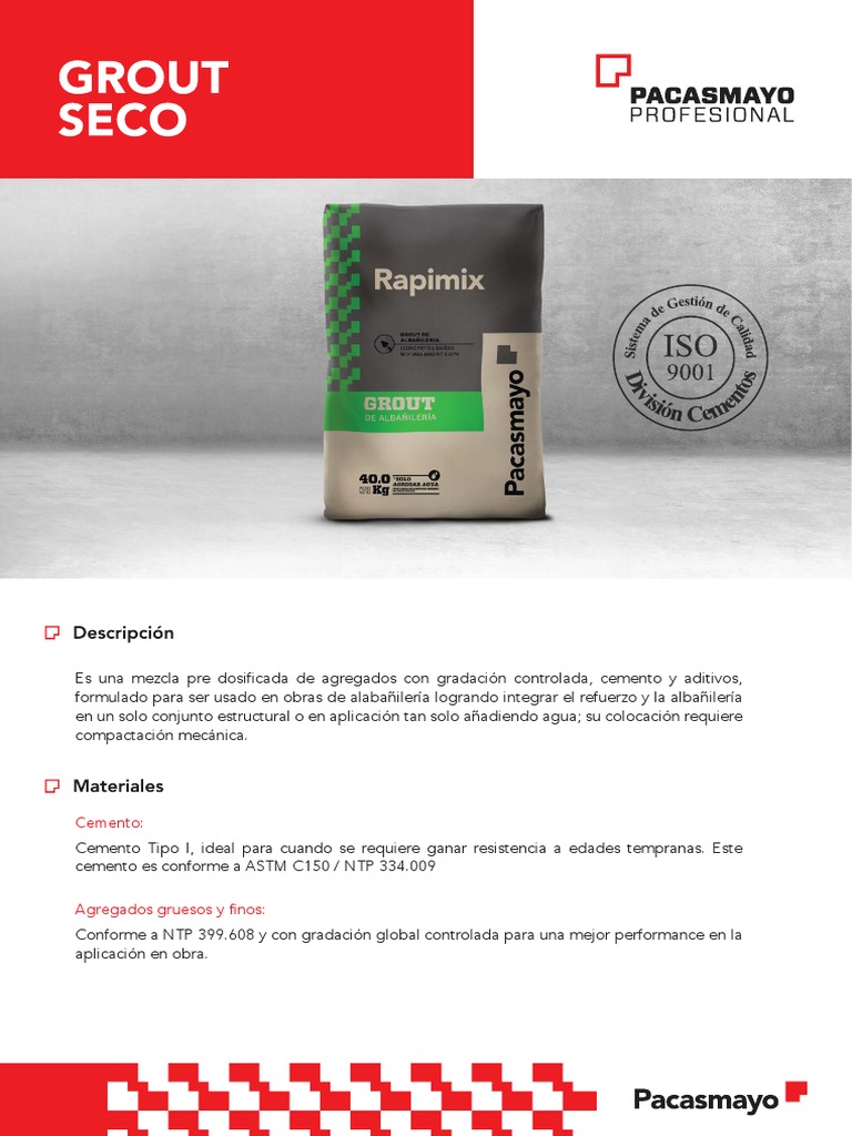 Grout de Albañileria Tipo I | PDF | Albañilería | Cemento