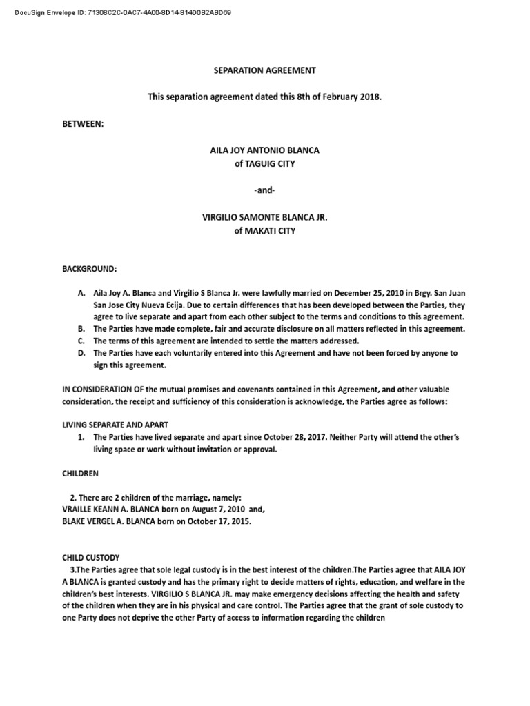 Amicable Separation Agreement Regarding Child Custody and Visitation Arrangements for Aila Joy A ...