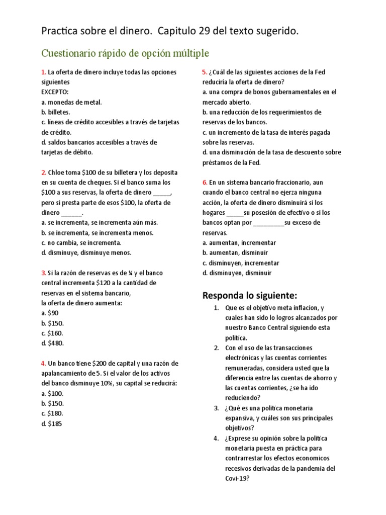 Practica Sobre El Dinero y La Politica Monetaria Capitulo 29 | PDF ...