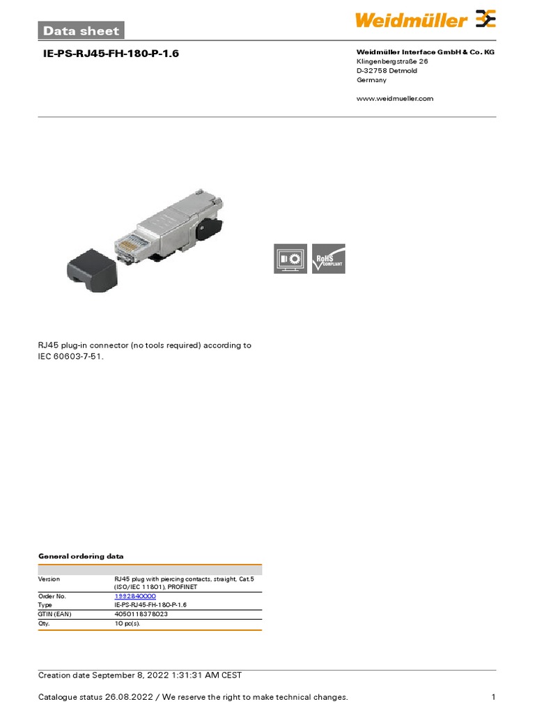 Data Sheet: IE-PS-RJ45-FH-180-P-1.6 | PDF | Electrical Engineering | Manufactured Goods