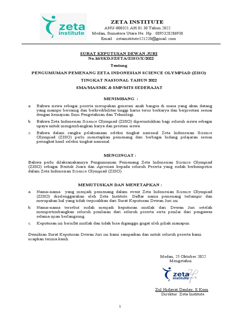 Pengumuman Tingkat Nasional Zeta Indonesian Science Olympiad (Ziso) | PDF
