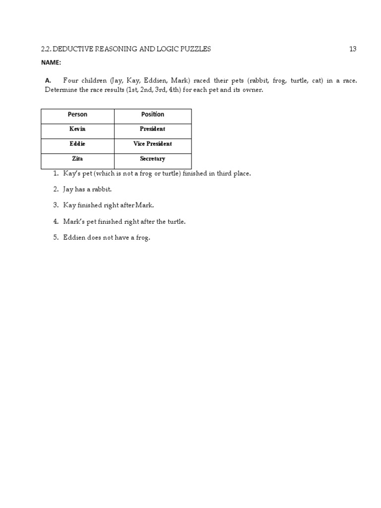 Deductive Reasoning Logic Puzzles | PDF