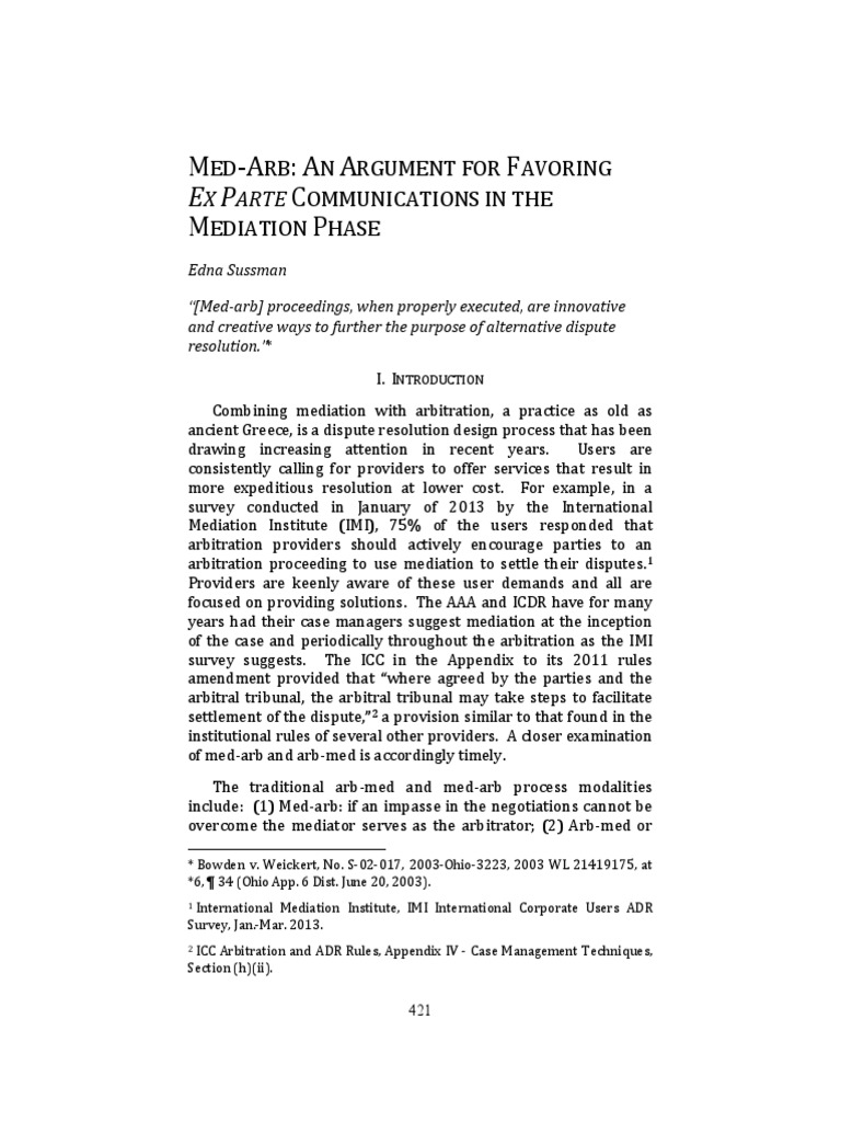 Med Arb An Argument For Favoring Ex Parte Communications Wamr 2013 Pdf Mediation Arbitration