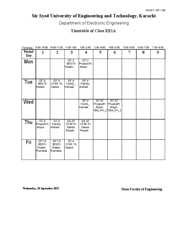 Sir Syed University of Engineering and Technology, Karachi: Timetable of Class EE1A Department ...