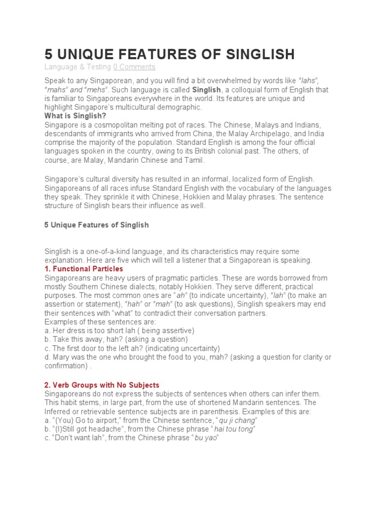 5 Unique Features of Singlish | PDF | Languages Of Singapore ...