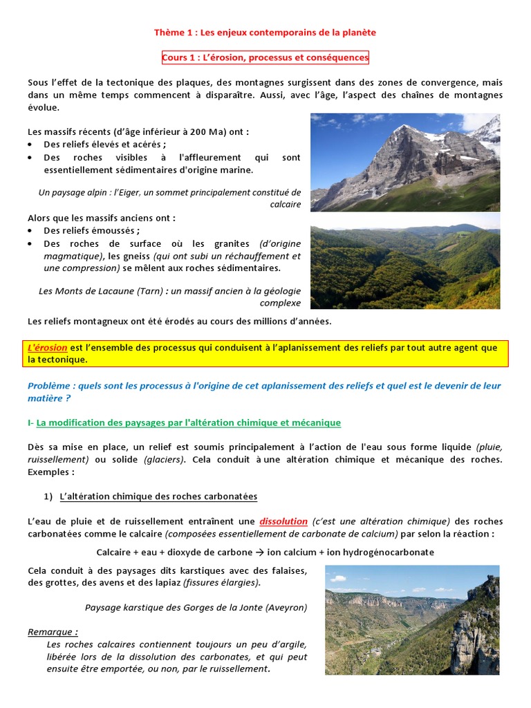 Cours 1 - L'érosion, Processus Et Conséquences | PDF | Granit | Montagnes