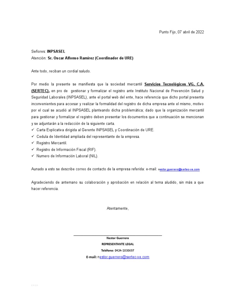 Carta A Inpsasel - Formalización Registro Usuario - SERTEC | PDF