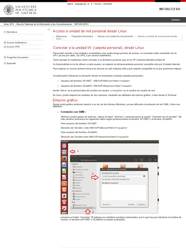 Acceso A Unidad de Red Personal Desde Linux - INFOACCESO - UPV | PDF | Red de computadoras | Red ...