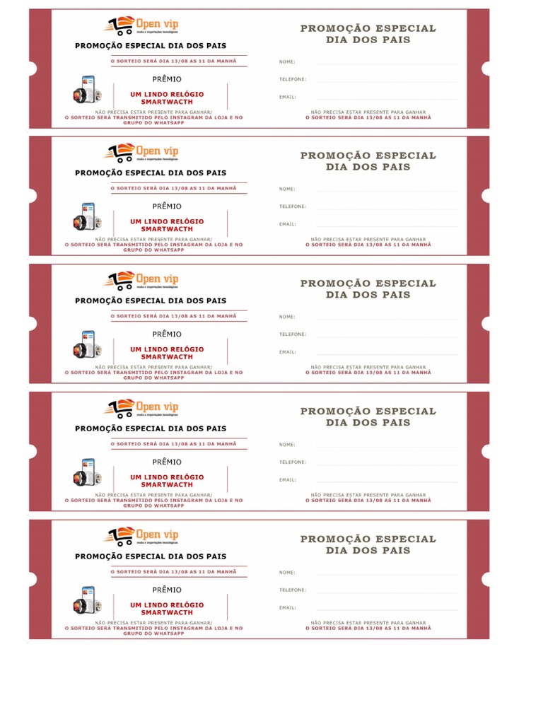 Cupons para Sorteio Dos Pais | PDF