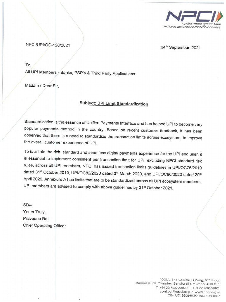 UPI OC 120 UPI Limit Standardization | PDF UPI OC 120 UPI Limit Standardization | PDF