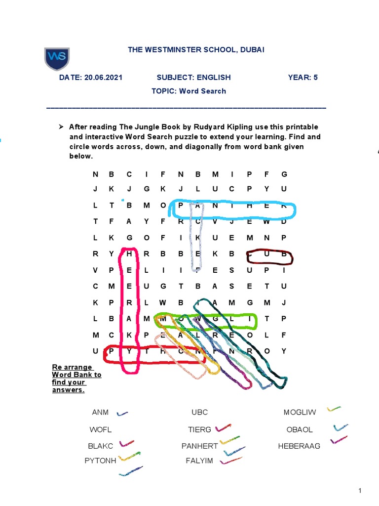 Word Search Puzzle from The Jungle Book | PDF