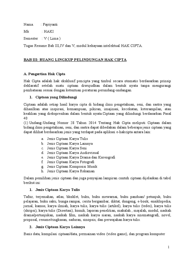 Fajriyanti, Semester 5, Tugas Resume Bab III, IV, V Buku Kekayaan Intelektual Hak Cipta | PDF