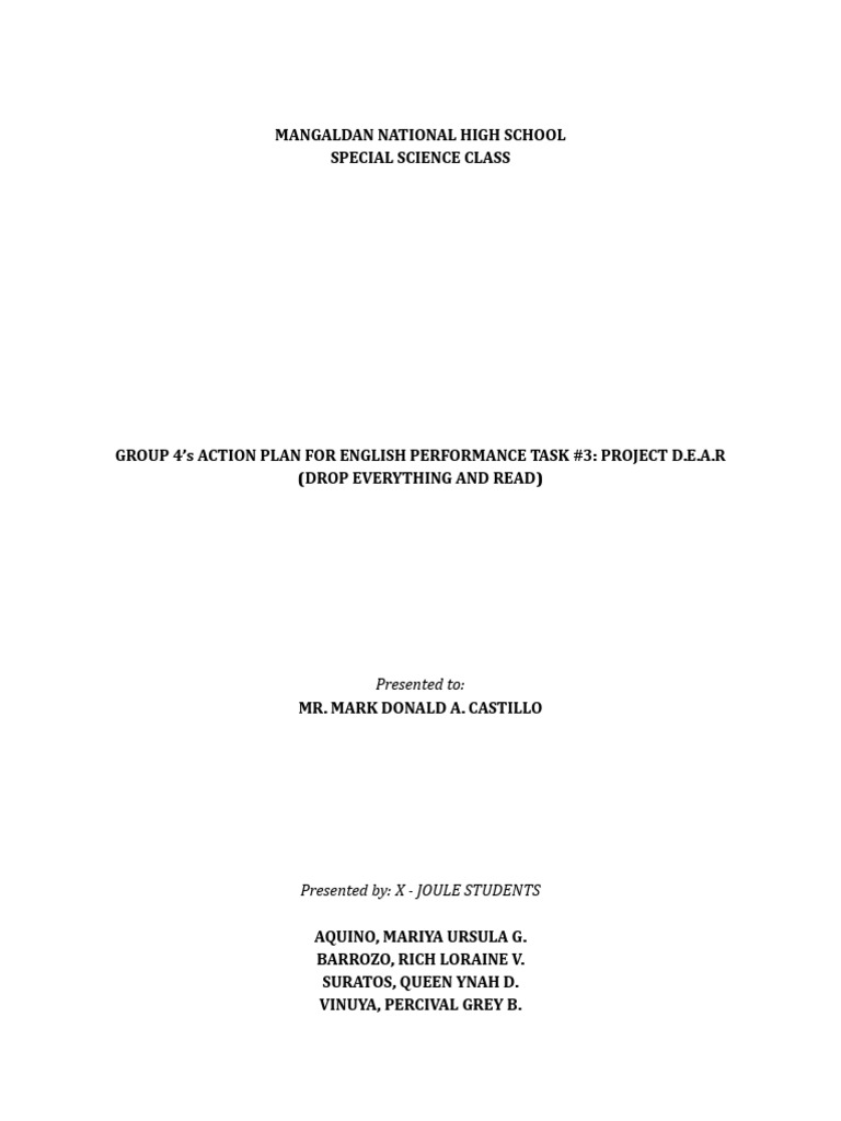 Group 4S Action Plan For English Performance Task Project D.E.A.R 3 | PDF | Learning | Cognition