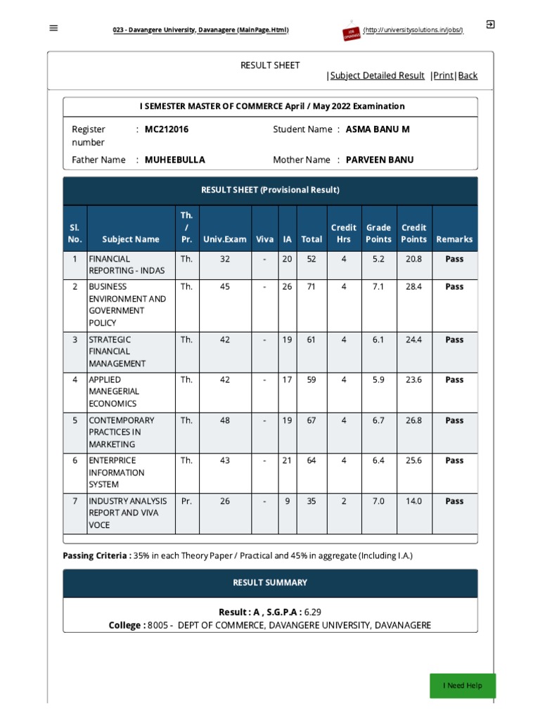Master of Commerce 1st Semester Provisional Result for Asma Banu M with Subject Wise Grades ...