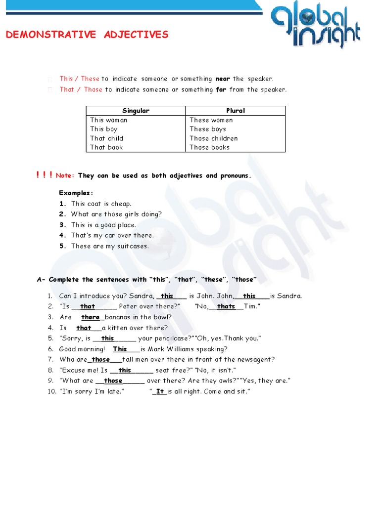 Demonstrative Adjectives | PDF | Plural | Grammatical Number