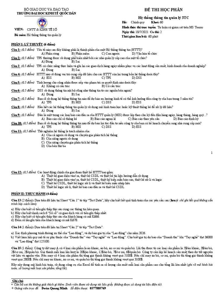 Đề thi học phần HTTTQL 3TC 18.07.2021 | PDF