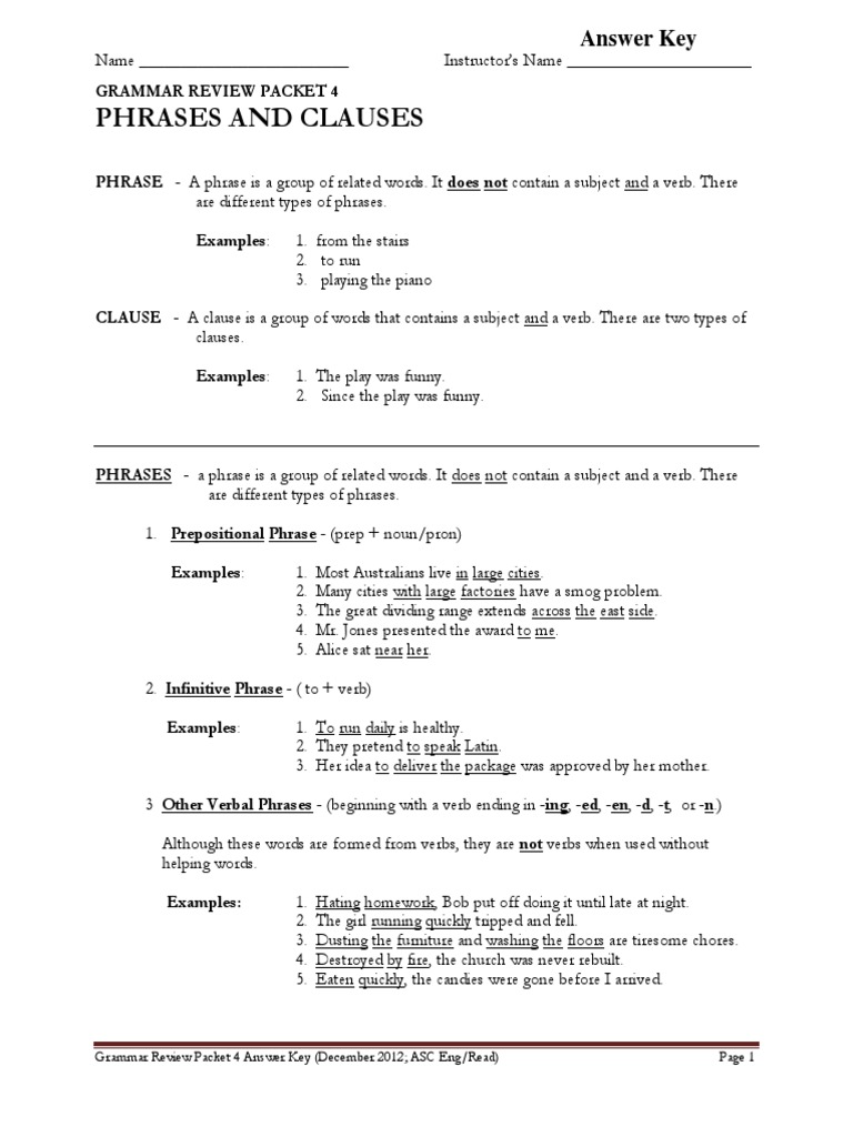 Phrases and Clauses Answer Key | PDF | Clause | Verb