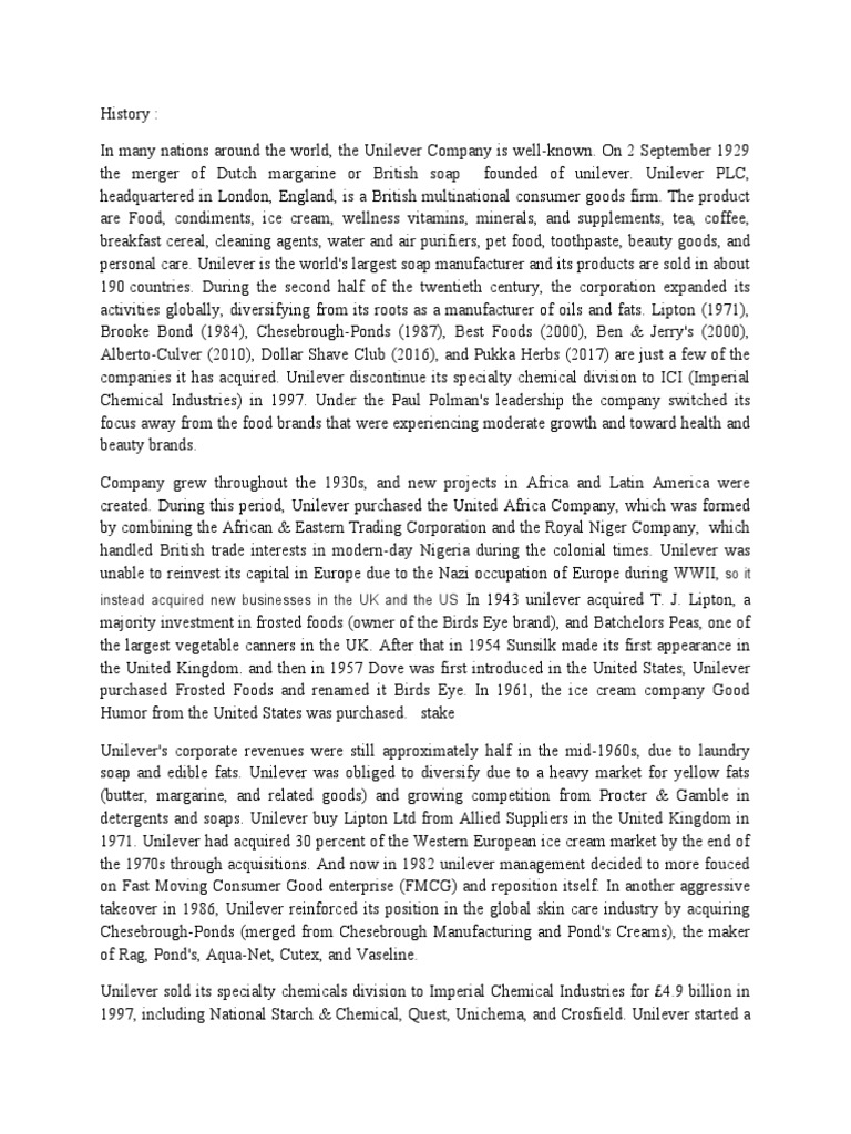 Unilever History | PDF | Unilever | Food And Drink