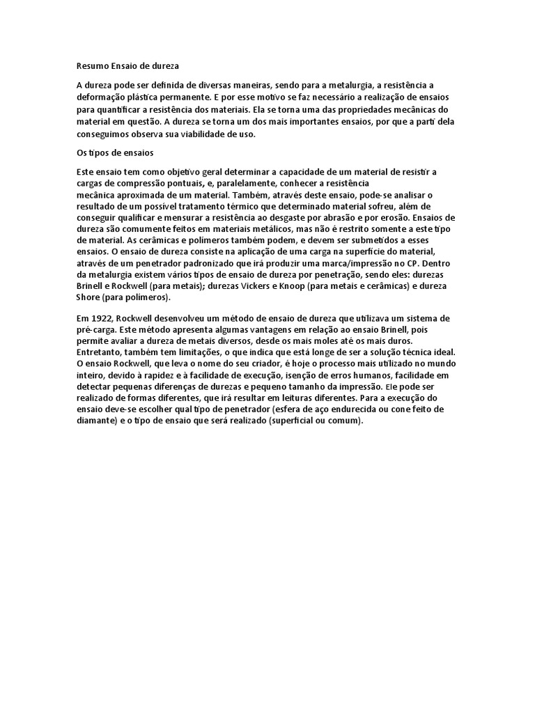 Resumo Ensaio de Dureza | PDF | Casa e Jardim | Ciências e Matemática