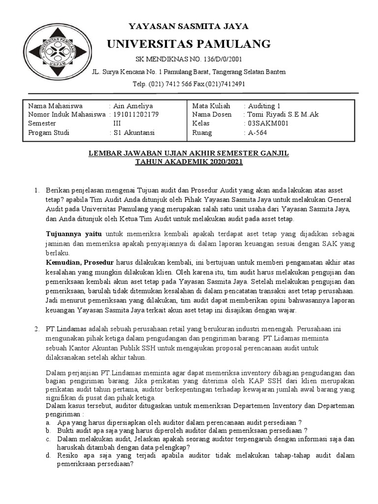 Jawaban UAS Auditing 1 - Ain Ameliya - A-564 | PDF