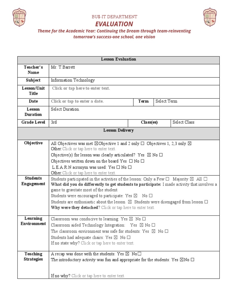 IT Lesson Evaluation Report for 3rd Grade | PDF | Classroom | Teachers