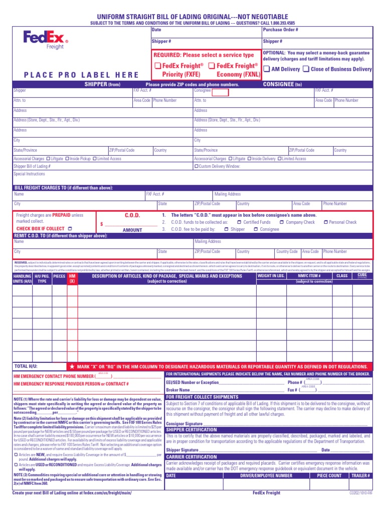 Fedex Freight Bill Of Lading