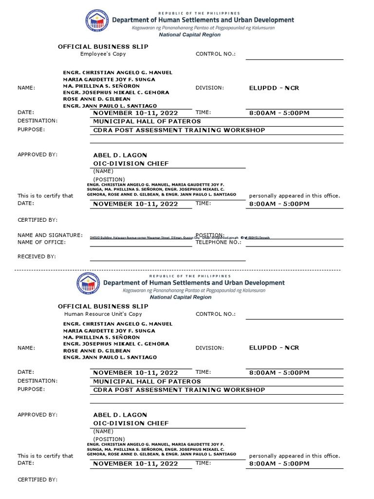 DHSUD Official Business Slip | PDF