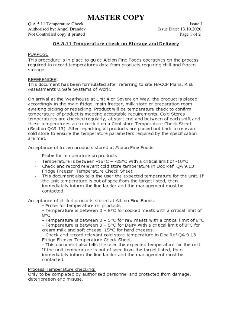 Temperature Check Procedure for Food Storage | PDF | Refrigerator ...