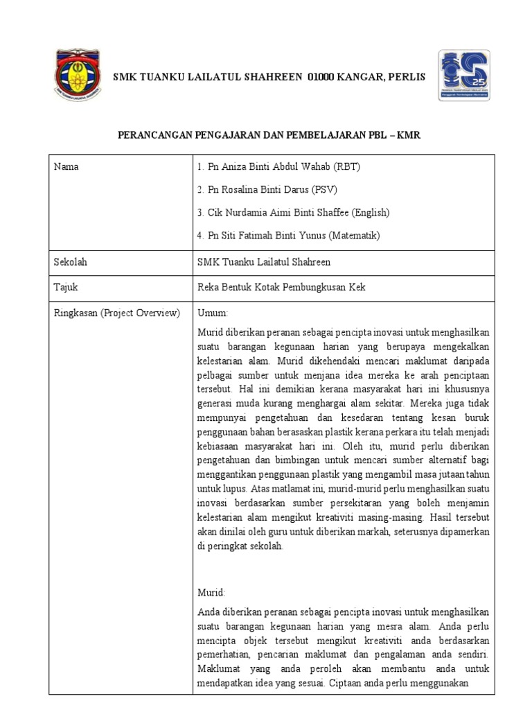 Perancangan Pengajaran Dan Pembelajaran PBL SMKTLS (FINAL) | PDF