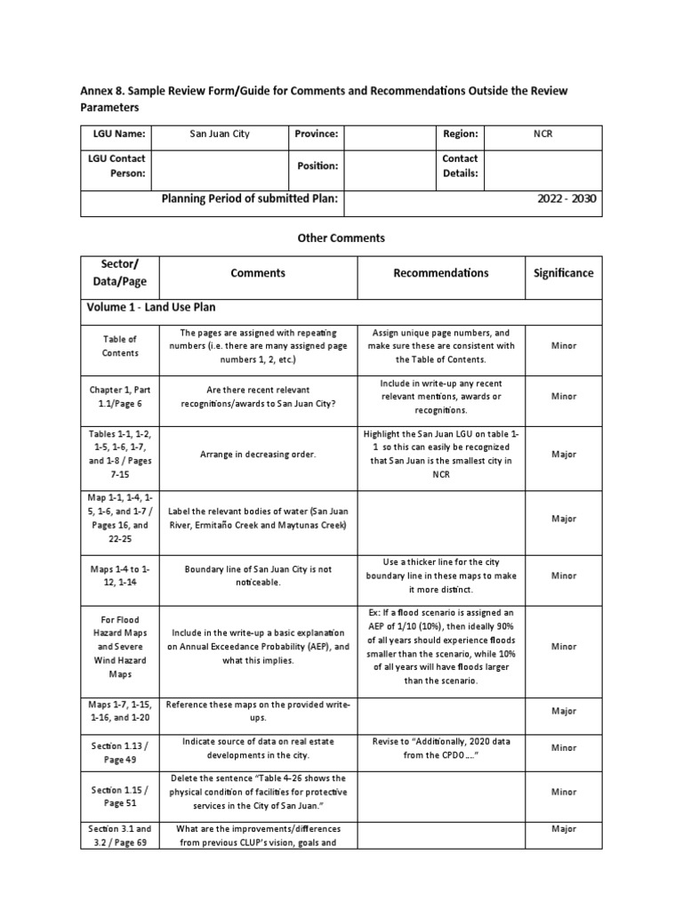 Annex 8. Sample Review Form - Guide For Comments and Recommendations ...