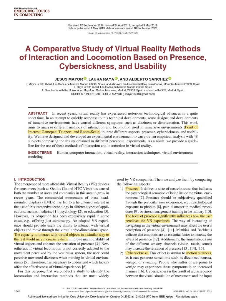 A Comparative Study of Virtual Reality Methods of Interaction and Locomotion Based On Presence ...