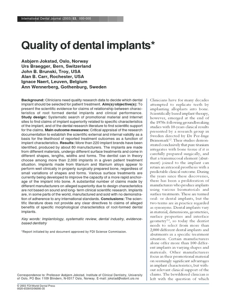 2003 IDJ Quality Implants FDI | PDF | Dental Implant | Randomized Controlled Trial