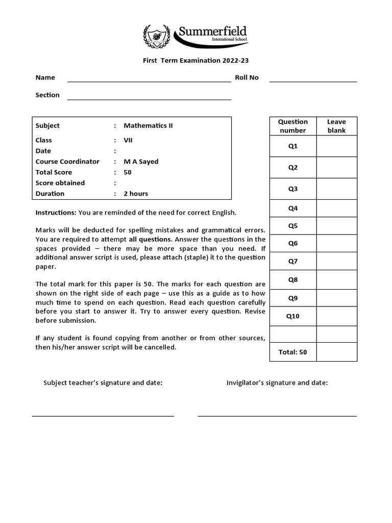 Class VII Mathematics Exam 2022 | PDF | Mathematics
