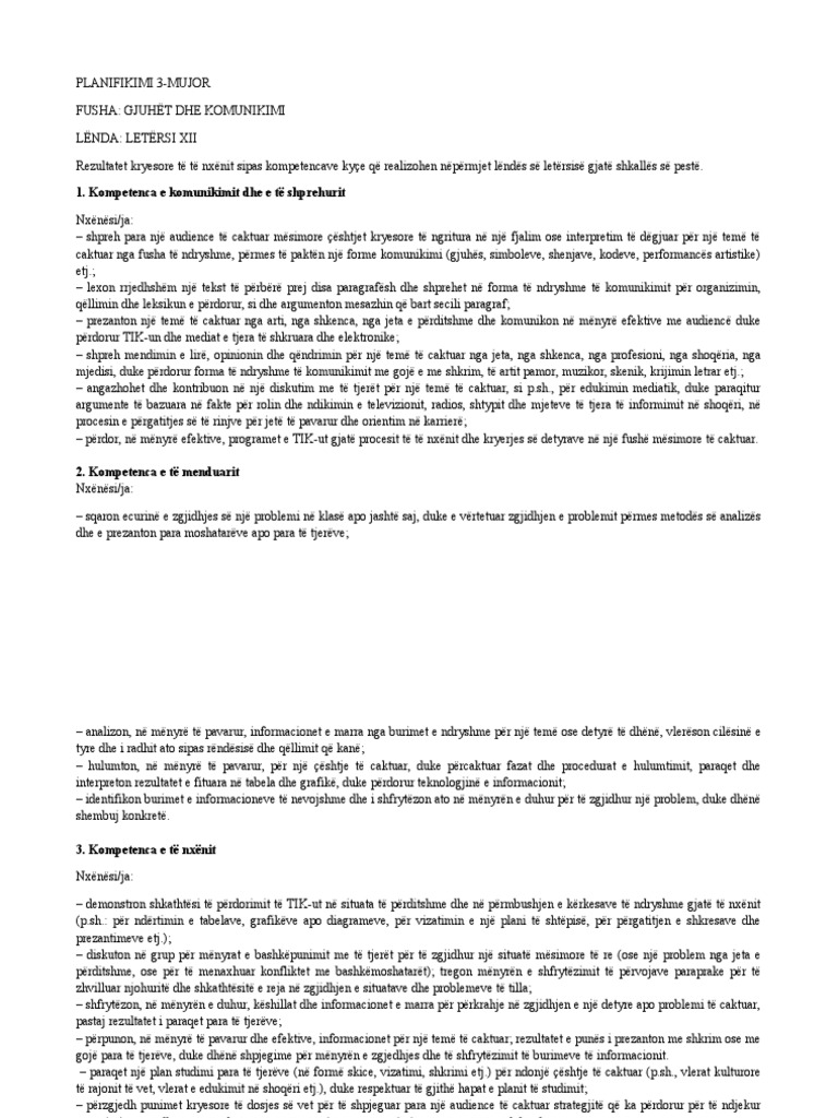 Plani Letersi Me Zgjedhje 12 Oli1ch | PDF