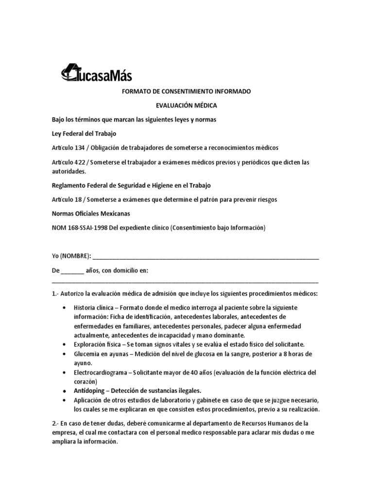 Formato de Consentimiento Informado Evaluación Medica | PDF | Consentimiento informado ...